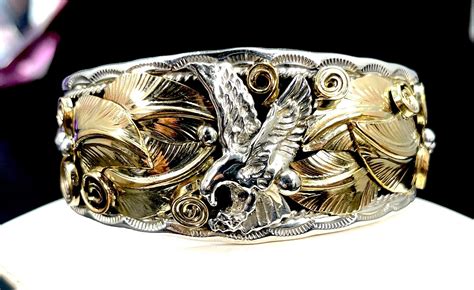 Signed Allen Chee Navajo Sterling Silver Gold Vermeil Flying Eagle Cuff