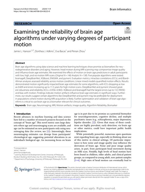 Pdf Examining The Reliability Of Brain Age Algorithms Under Varying Degrees Of Participant Motion