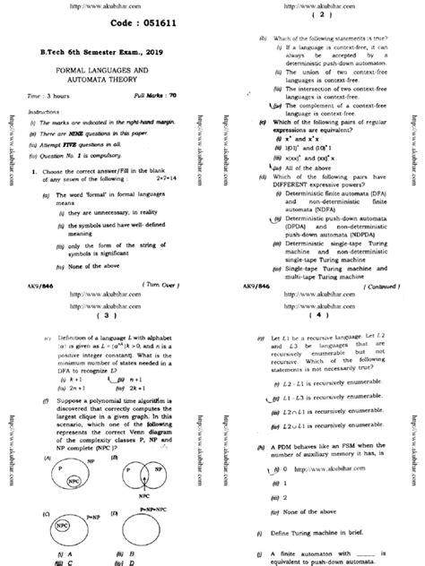 Btech Cse 6 Sem Formal Languages And Automata Theory 051611 2019 Pdf