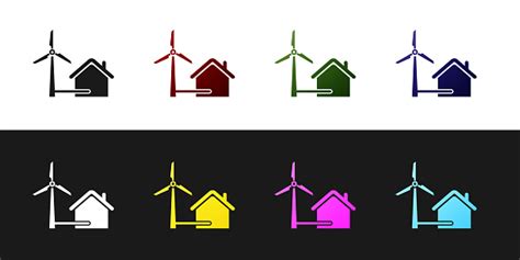 검은 색과 흰색 배경에 고립 된 전기 에너지 생성 아이콘에 대 한 풍력 터빈을 가진 집 설정 친환경적 인 집입니다 환경 보호 벡터 일러스트 0명에 대한 스톡 벡터 아트 및