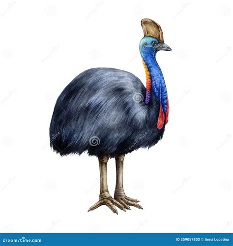 Cassowary Bird Watercolor Illustration Hand Drawn Casuarius Flightless Bird Of Australia Stock