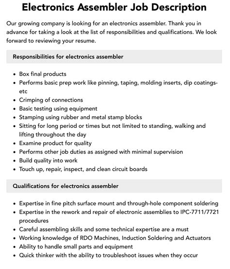 Electronics Assembler Job Description Velvet Jobs