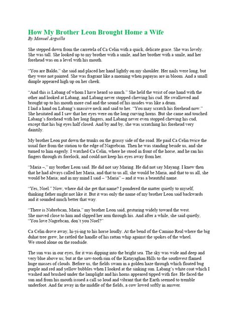 How My Brother Leon Brought Home A Wife By Manuel Arguilla Pdf