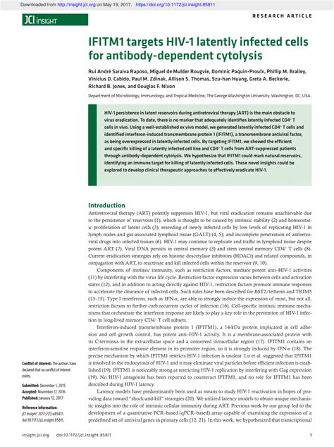 Pdf Ifitm1 Targets Hiv 1 Latently Infected Cells For Antibody