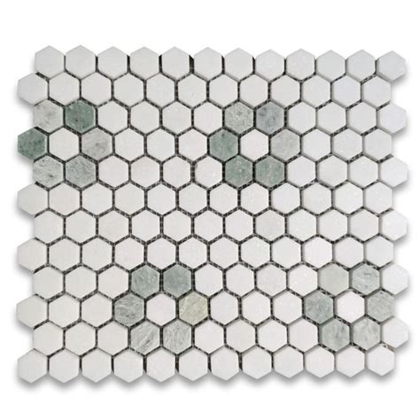 Thassos White Marble 1 Inch Hexagon W Ming Green Marble Rosette