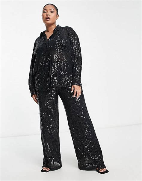 Vila Curve Ensemble à Sequins Avec Chemise Et Pantalon Noir Asos