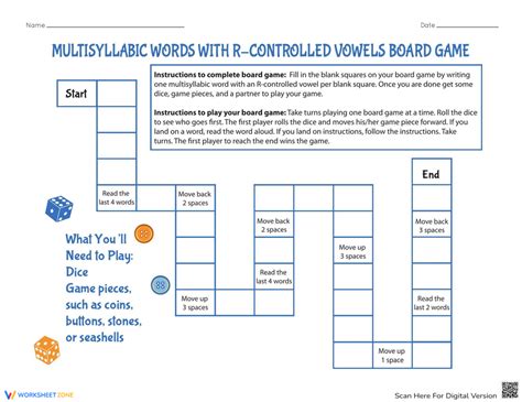 Multisyllabic Words With R Controlled Vowels Board Game Worksheet