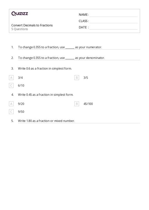 converting fractions to decimals worksheet grade 6 fractions