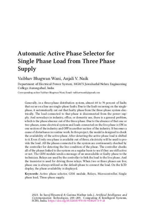 pdf automatic active phase selector for single phase load from three phase supply