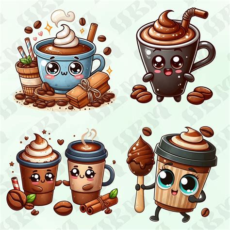 24 Cute Coffee Characters Clipart Bundle Caffeine Card Making