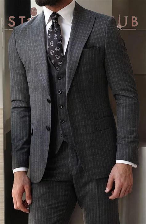 Mens Charcoal Grey Pinstripe 3 Piece Suit Terry Rayon Peak Lapel Etsy