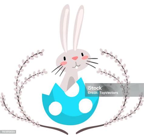 달걀 껍질 버드 나무 나 뭇 가지 벡터 일러스트와 함께 재미 있는 토끼 만화 캐릭터에 앉아 귀여운 흰색 부활절 토끼 0명에 대한