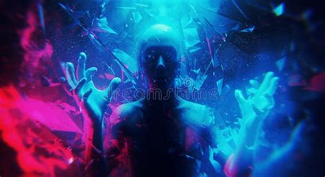 Silhouetted Human Figure Stands Amidst Angular Reflective Shards Creating A Stock Illustration
