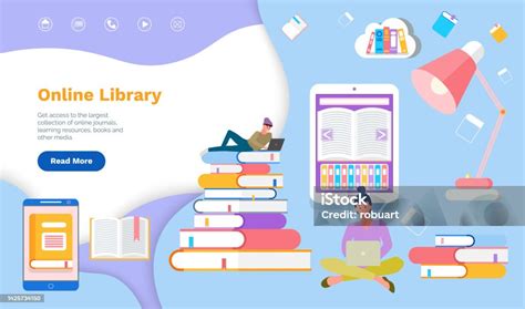 원격 학습 교육 온라인 도서관 웹 사이트 방문 페이지 노트북으로 전자책 읽기 개념에 대한 스톡 벡터 아트 및 기타 이미지 개념 광고 교과서 Istock