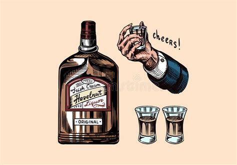 Glass Bottle Of Liquor Hand With A Shot Toast Cheers Strong Drink