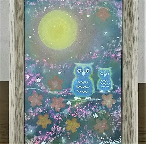 パステルアート 桜寿ぐ星月夜のフクロウ親子 パステル画原画 絵画 Ts Arts 通販｜creemaクリーマ