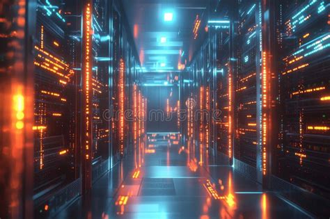 Futuristic Data Center Corridor With Illuminated Server Rows And