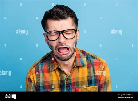 Photo Of Yell Brunet Guy Crying Wear Eyewear Yellow Shirt Isolated On