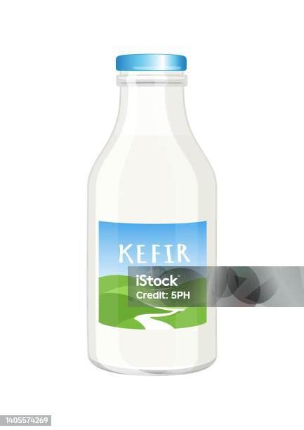 Kefir 요구르트 또는 농장 라벨이있는 우유 유리 병 흰색 배경에 고립 된 만화 스타일 벡터 일러스트 레이 션 갤런에 대한