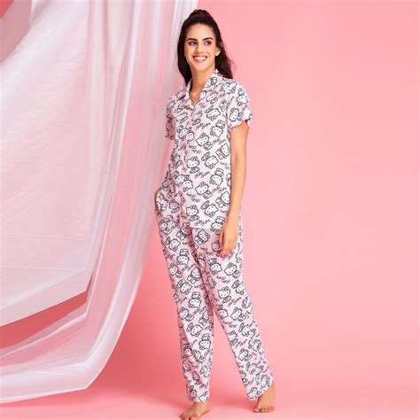 Buy Clovia Cotton Hello Kitty Print Button Down Shirt And Pyjama Set