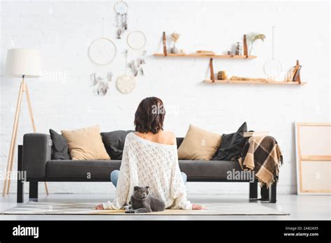 Back View Of Woman Sitting On Floor With Grey Cat In Living Room With