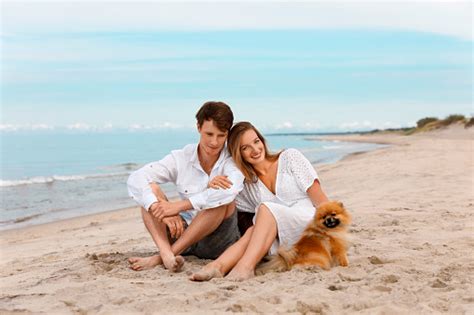 빈 해변에서 휴식을 취하는 개와 함께 연인의 귀여운 커플 걷기에 대한 스톡 사진 및 기타 이미지 걷기 커플 25 29세 Istock