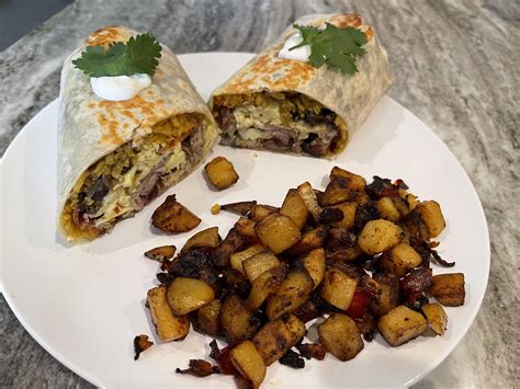 Breakfast Burrito With Pulled Pork Bacon Rice And Beans Eggs Cheese