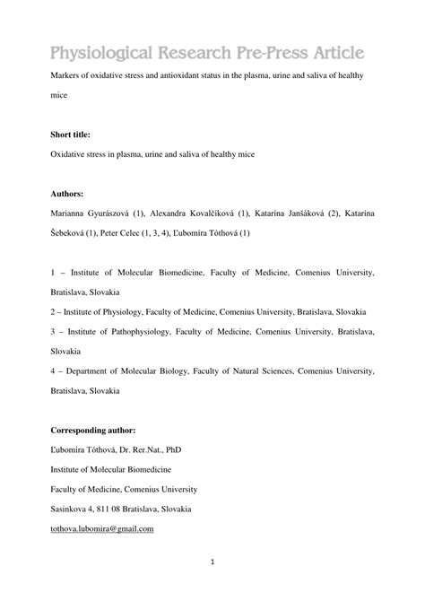 Pdf Markers Of Oxidative Stress And Antioxidant Status In The Plasma