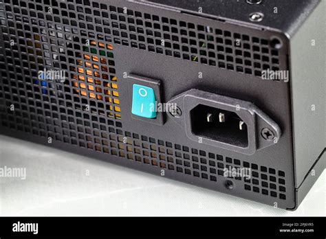 Rear View Of Modern Power Supply Unit On Off Switch And Power Cord Socket Psu For Pc Computer