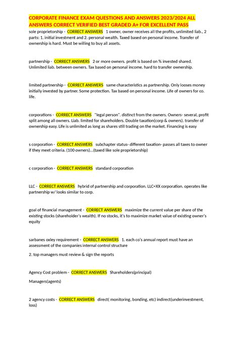 Corporate Finance Exam Questions And Answers 20232024 All Answers