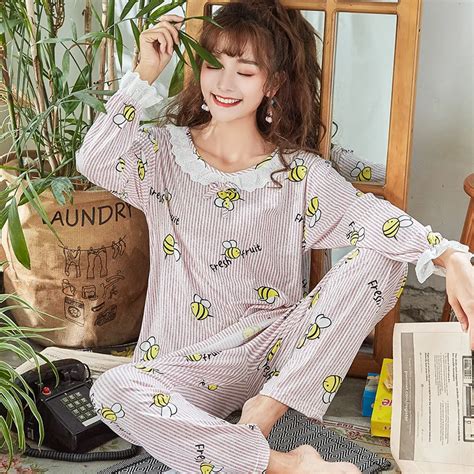 Milk Silk Female Long Sleeve Pajama Set Autumn Casual Girls Sleepwear