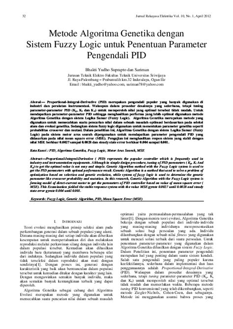 Pdf Metode Algoritma Genetika Dengan Sistem Fuzzy Logic Untuk Penentuan Parameter Pengendali Pid
