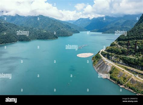 Inguri River With Mountains Aerial View From Drone Enguri