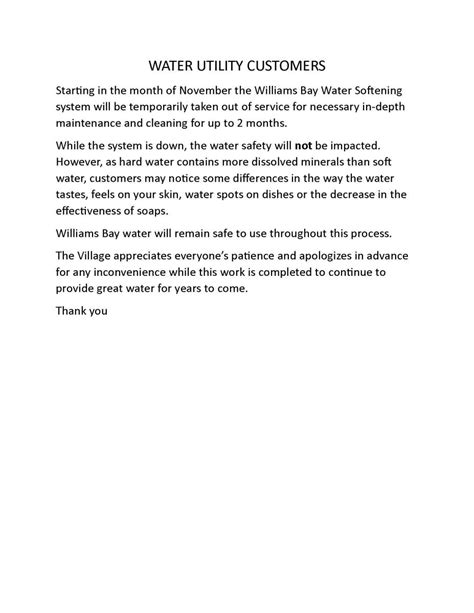 Notice To Water Utility Customers Williams Bay Wi