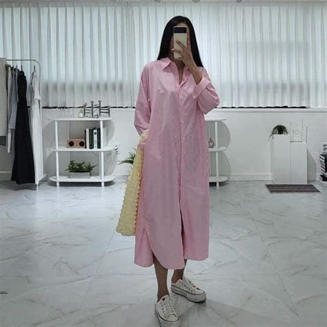 스트라이프 셔츠 롱원피스 더폰드