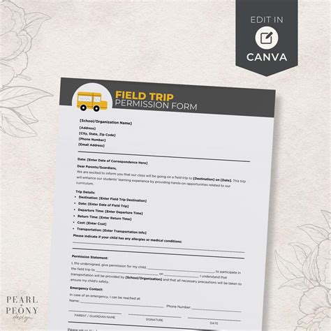 Editable Field Trip Permission Form Template School Daycare Student