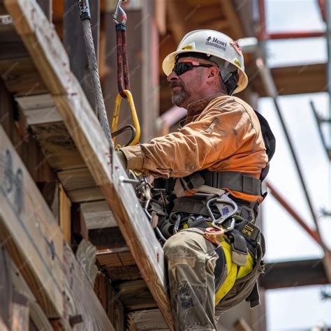Construction Worker With Safety Harness And Helmet Working On