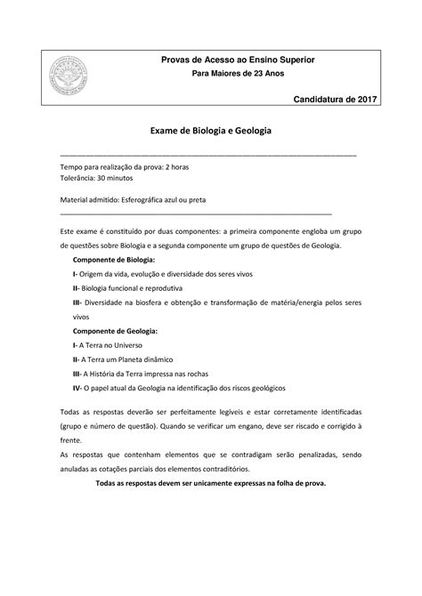 Prova Biologia E Geologia M23 2017 Provas De Acesso Ao Ensino