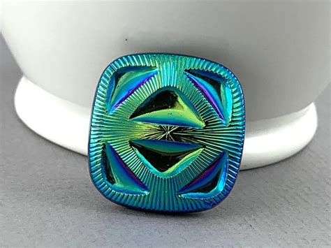 Vintage Metallic Blue Square In A Square Czech Glass Button Etsy