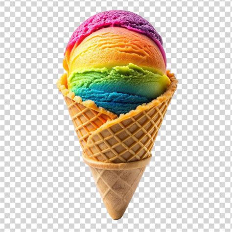 Радужная ложка мороженого в конусе вафли изолированная на прозрачном фоне Премиум Ai