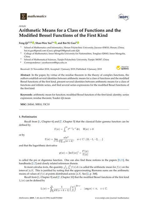 Pdf Arithmetic Means For A Class Of Functions And The Modified Bessel Functions Of The First Kind