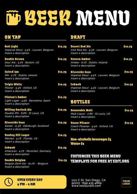 Customizable Beer Menu Templates For Restaurants