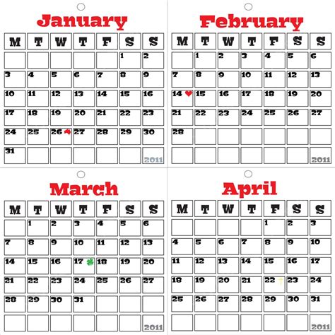 The First Four Months Calendar For 2011 Planner Page Months Vector