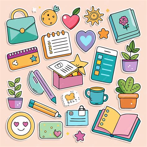 Colorful Stickers With School Supplies Plants And Other Cute Items