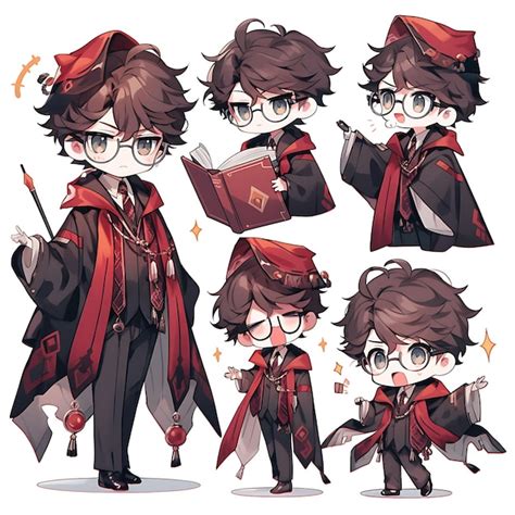 Premium Photo Character Anime Of Male Chibi Kawaii Scholar Fashion Academic Robes Burgundy Gl