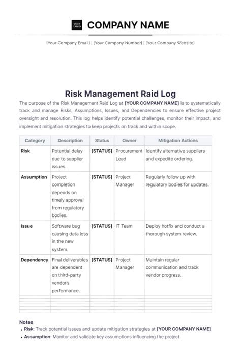 Free Risk Management Raid Log Template To Edit Online