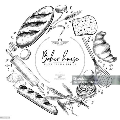 베이커리 세트 손으로 그린 빵 덩어리 크루아상 프레첼 마카롱 파이 바게트 밀가루 페이스트리 벡터 는 배너를 새겨 레스토랑과 카페