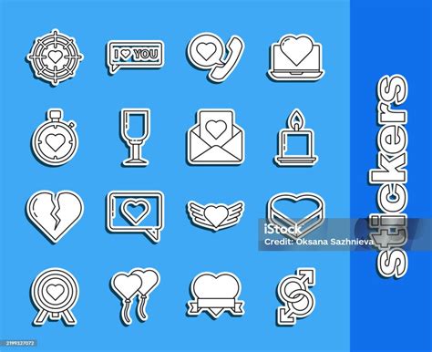 세트 라인 남성 성별 기호 하트 모양의 상자에 사탕 불타는 촛불 말풍선 전화 와인 잔 하트 중앙 스톱워치 다트 대상 조준 및 봉투 아이콘 벡터 개념에 대한 스톡 벡터 아트