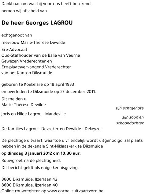 Avis De Décès De Georges Lagrou Décédé Le 27 12 2011 à Diksmuide