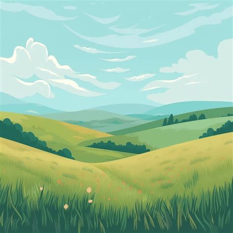 Premium Ai Image Flat Grassland With Blue Sky And Clouds